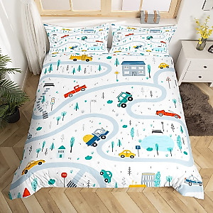 Cartoon Truck Bedding Set Full Size,Boys Road Traffic Themed Duvet Cover Set Car Vehicle Transport Comforter Cover 3pcs for Kids Teens Room Decor,Watercolor Tree White Quilt Cover,2 Pillowcases