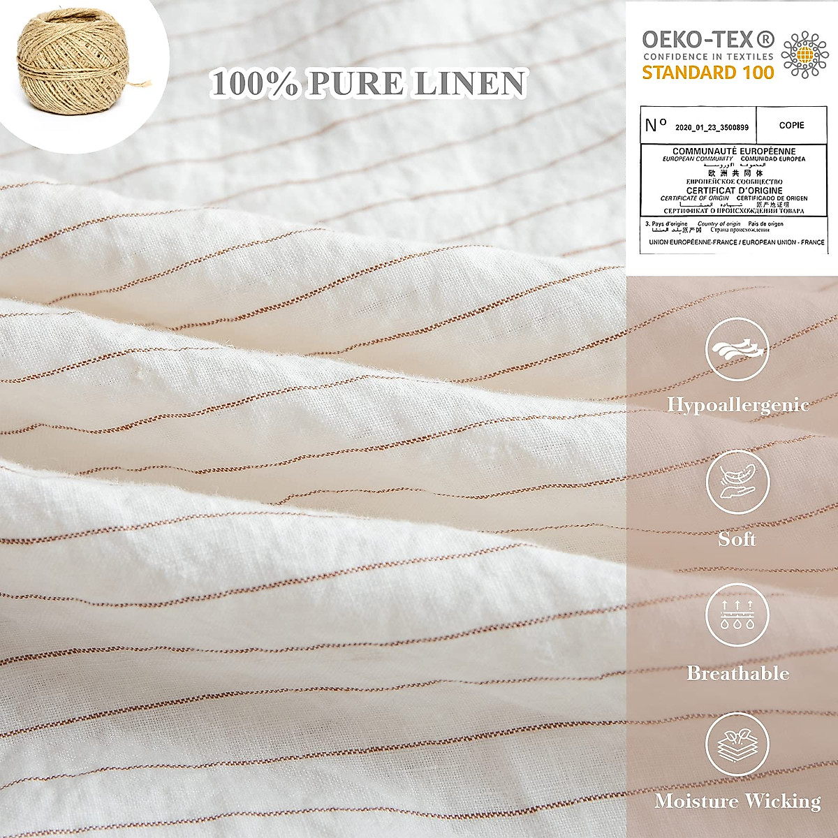 Simple&Opulence 100% Pure Linen Duvet Cover Set, 3Pcs Striped Washed Natural Flax Bedding Set with Button Closure, Soft Breathable Durable Farmhouse,1Duvet Cover and 2Pillowshams (Queen, Brown Stripe)