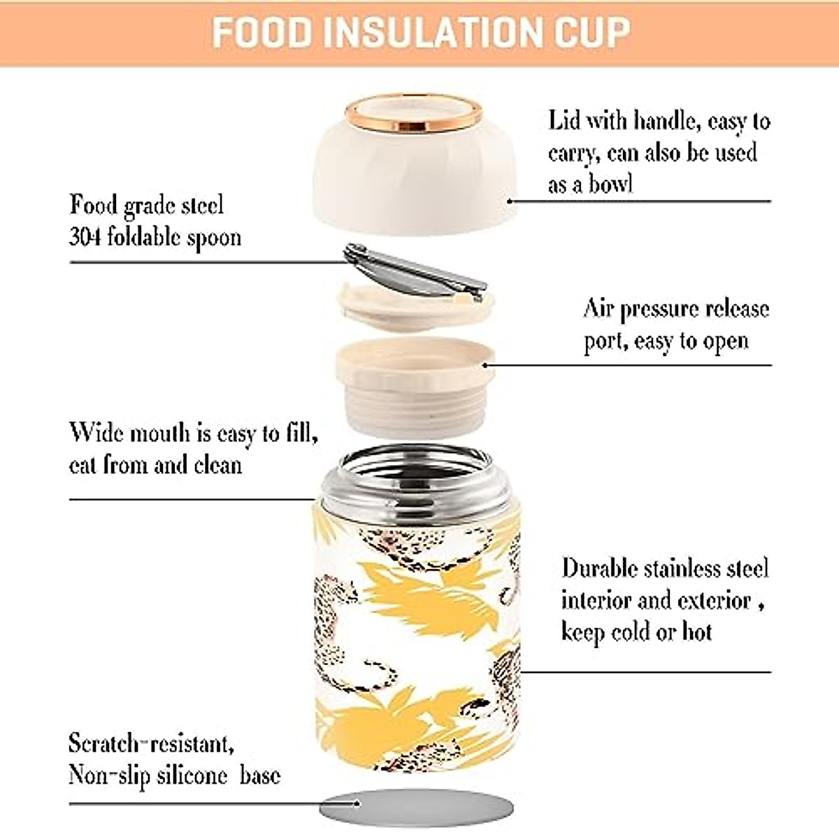 CUPADA Tropical Jungle Leopards Food Jar for Hot and Cold, Insulated Food Jars Vacuum 17OZ with Folding Spoon for Work Trip Picnic Camping