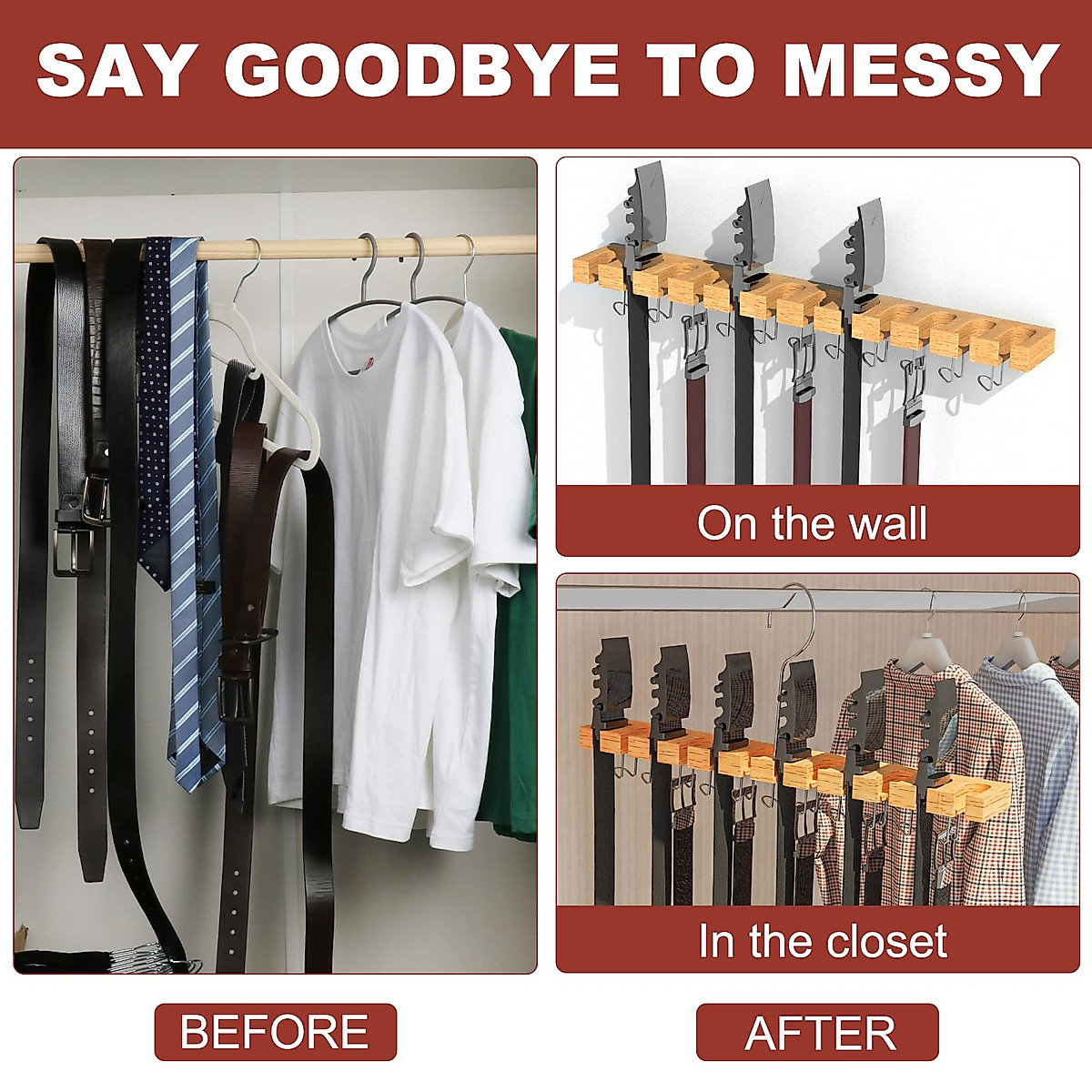 Cuipingoo Belt Hanger for Closet | 2-in-1 Wall Mount Belt Rack | 23 Slots Storage Max 42 Belts w/ 360° Hook | Ratchet Belt Organizer for Closet Accessories, Wardrobe, Door, Wood 1 Pack