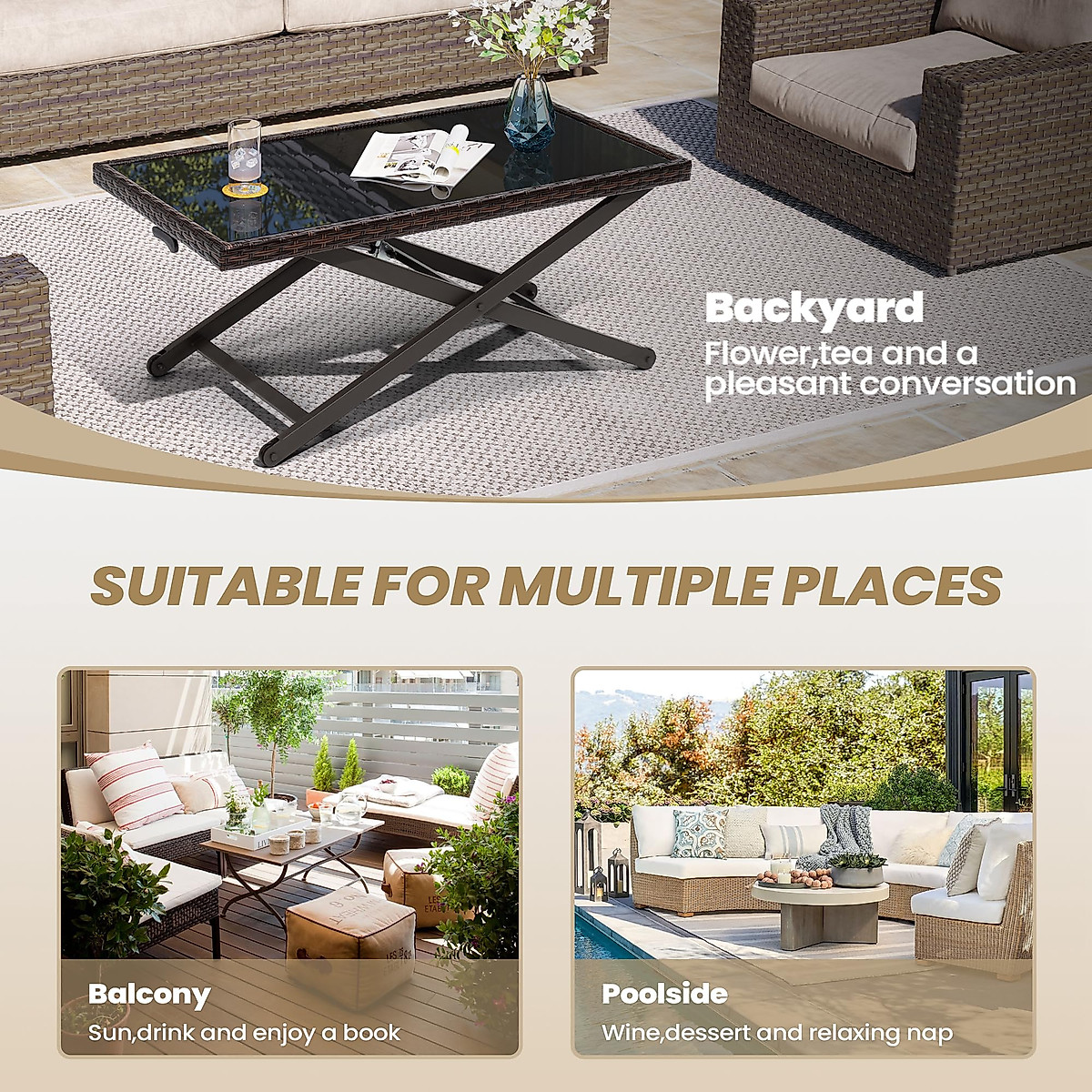 JOINHOM Patio Coffee Table Height Adjustable - Outdoor Coffee Side Table with Waterproof, Rust-Proof, Patio Tables Rectangle Coffee Tables Fit with Patio Conversation Set, Dark Brown