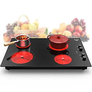 Electric Cooktop 30 Inch, Electric Stove Top 4 Burner 7200W, POTFYA Build-In Electric Ceramic Cooktop for Cooking, 220-240V, Knob Control,No Plug,Suitable for all Pans