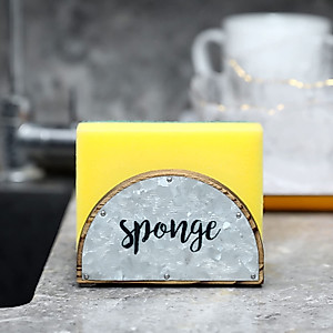 MyGift Burnt Wood Semicircle Kitchen Sink Sponge Holder with Galvanized Metal and Black Sponge Cursive Lettering