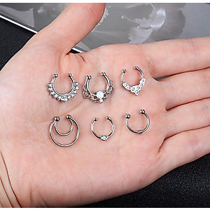 Drperfect 6Pcs Opal Fake Septum Ring for Women CZ Nose Ring Non-Pierced Clip On Nose Hoop Jewelry