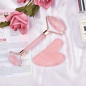 ideayard Face Roller and Gua Sha Set - Jade Roller Anti Aging Massager Tool - Natural Jade Roller for Face and GuaSha Stone for Body - Beauty Roller Skin Care Tools Kit for Slimming & Firming（Pink）