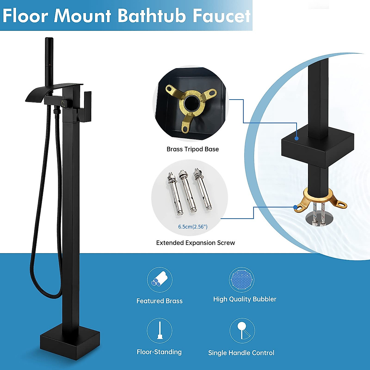 RUMOSE Tub Filler Freestanding Bathtub Faucet Matte Black Floor Mount Tub Faucet Waterfall Free Standing Bathtub Filler High Flow Brass Bath Shower Faucets with Handheld Sprayer