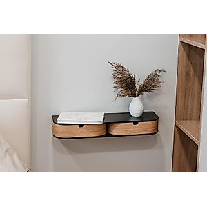SELCOA Entryway Retro Floating Console, Modern Floating Wooden Bedside Table Shelf Drawer, Mounted Wall nightstand (Black,Double)