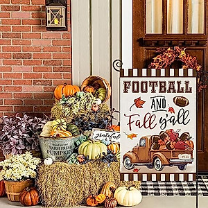 Welcome Fall Garden Flags for Outside Decorations, FOOTBALL and Fall Y'all Truck with Maple Leaves Small Yard Flag, Harvest Autumn Thanksgiving Seasonal Farmhouse Holiday Outdoor Decor 12x18 Inch Vertical Double Sided