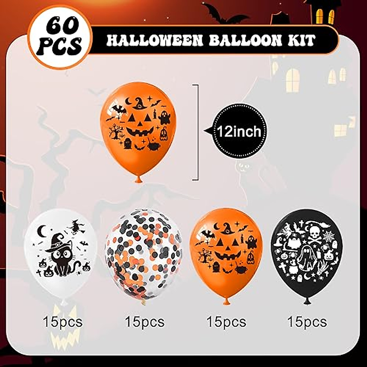 60Pack Halloween Balloons, Halloween Orange Black Confetti Balloons for Party, 12 Inch Balloons for Halloween Celebration Party Decorations