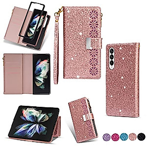 lefeda Wallet Case for Samsung Galaxy Z Fold 5, Sparkle Glitter PU Leather Phone Cover with Zipper Purse Card Slot and Wrist Strap Case for Women Girls,Gold