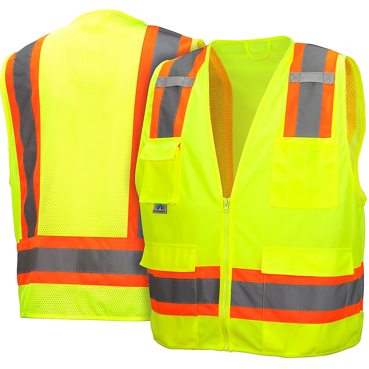Pyramex Class 2 Surveyor's Safety Vest with 6 Pockets, Hi-Vis Lime, XL