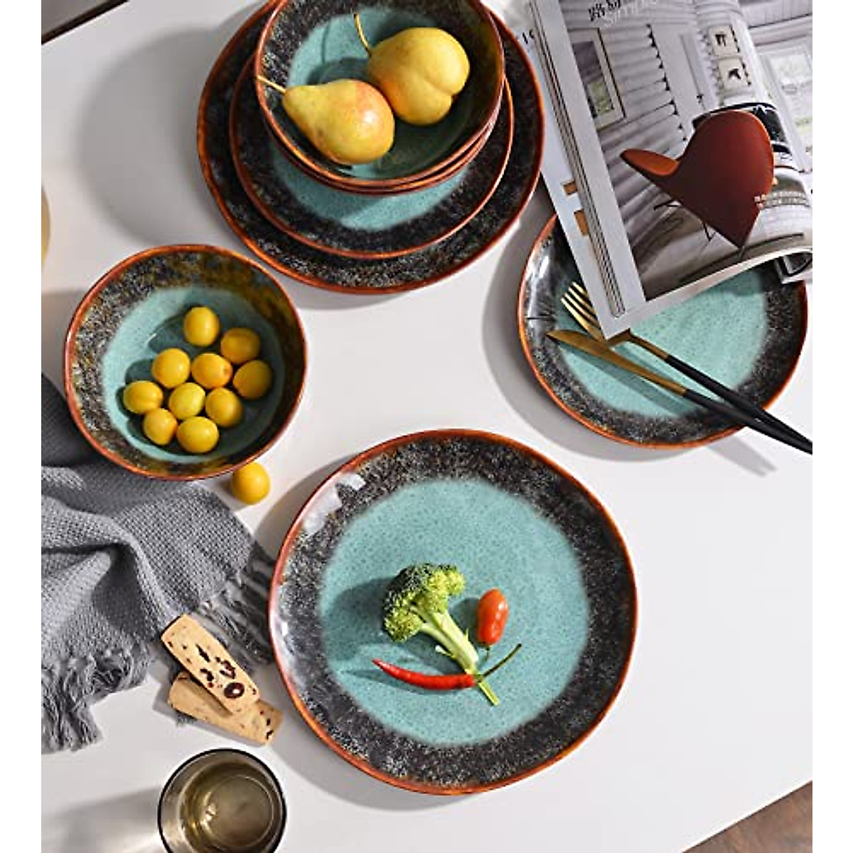 Gufaith Melamine Dinnerware Sets 12 Pcs, Plates and Bowls Sets for 4, Camping Plates, Unbreakable Dinnerware Set, Melamine Plates, Lightweight, BPA free, Dishwasher Safe, Blue with Brown