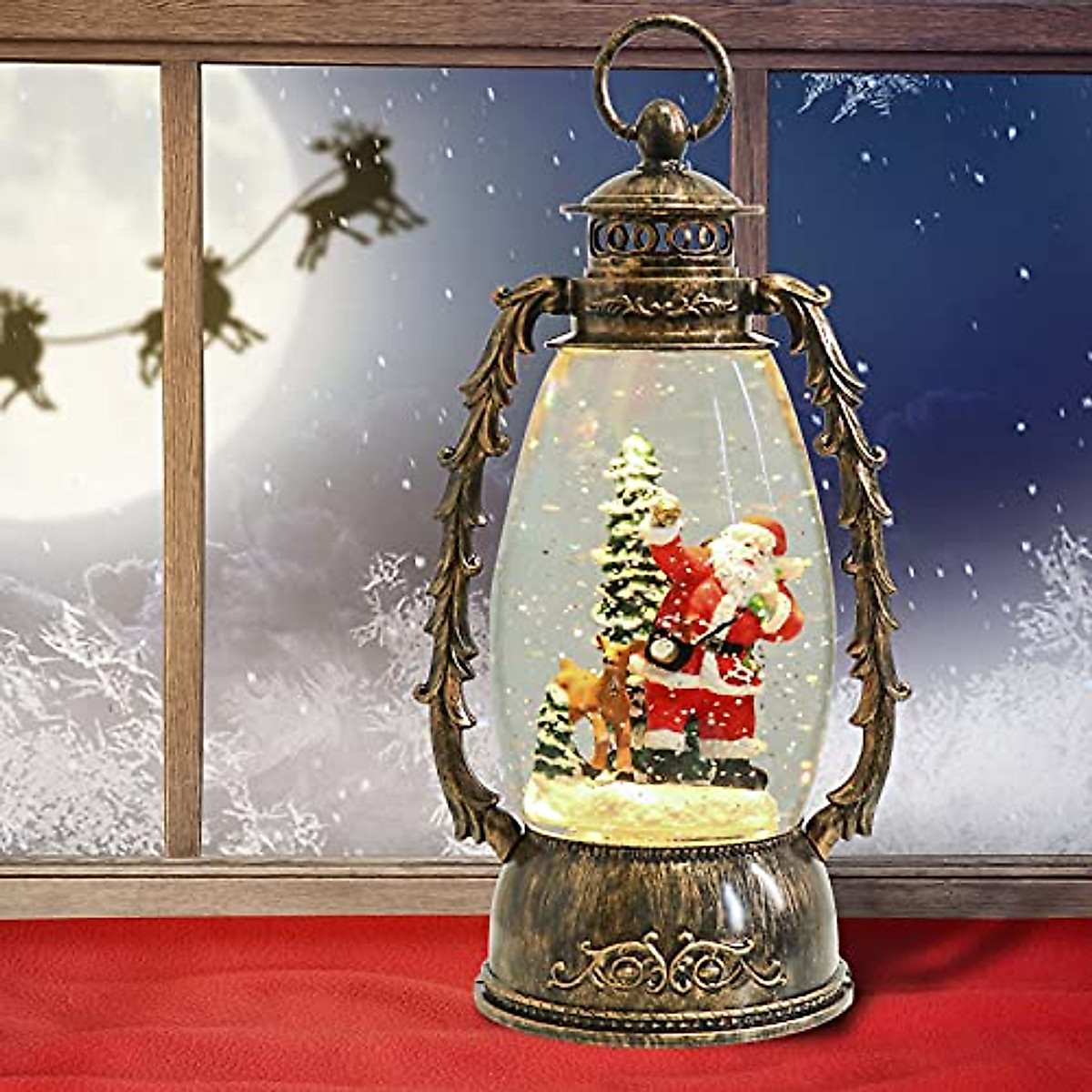 Wondise Lighted Christmas Snow Globes Musical Lantern Santa with Timer, Battery and USB Powered, Santa Resin Statue Spinning Water and Swirling Glitter Holiday Decor