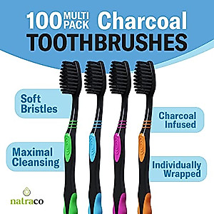 natraco Charcoal Bulk Toothbrushes Individually Wrapped - Deep Clean Charcoal Infused Soft Bristle – Multi Colored Tooth Brush with Covers - for Travel, Kids, Family, Dental Care Etc. 100 Count