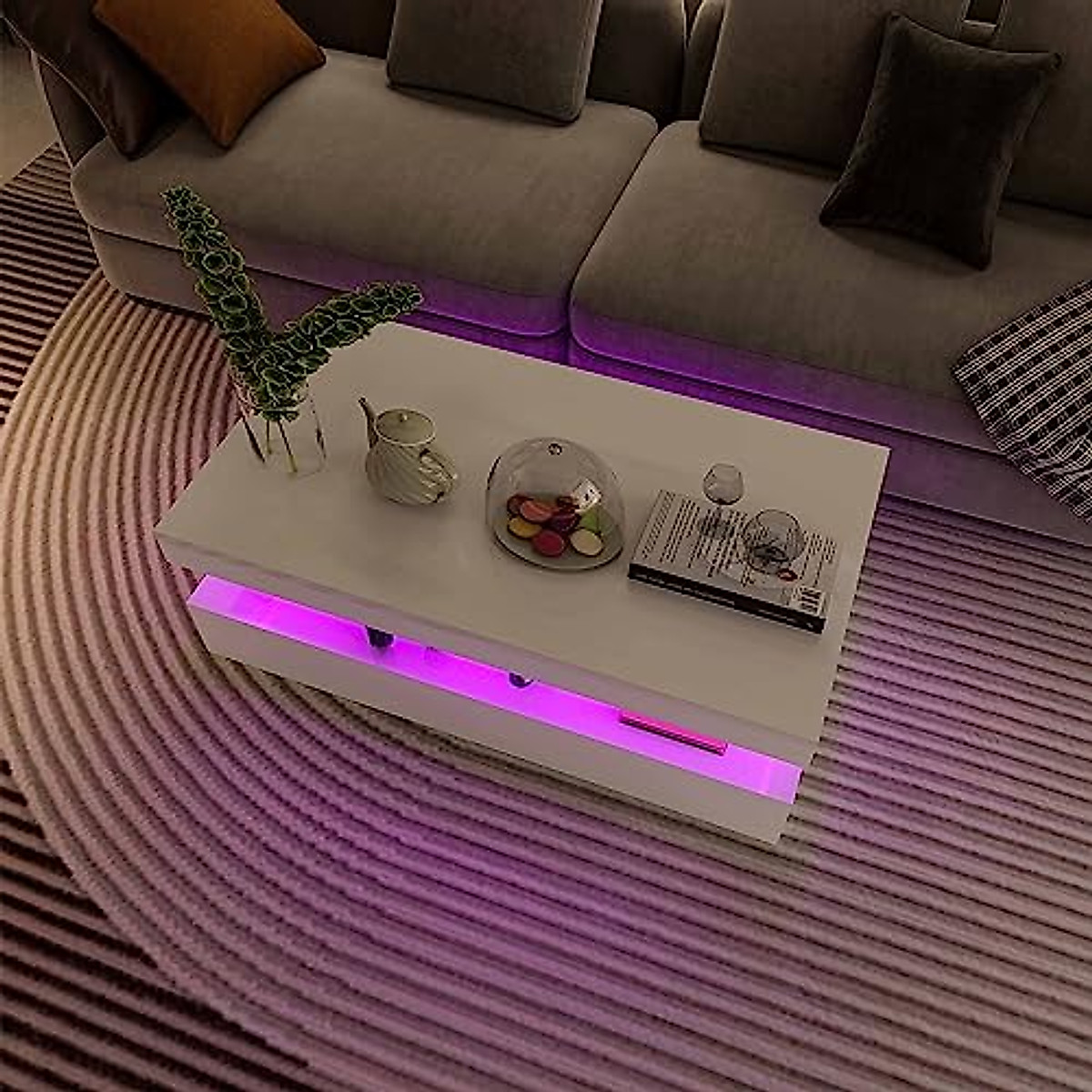 SUCXDZQ Modern Coffee Table with RGB LED Light, High Gloss Coffee Table with Remote Control for Living Room, White