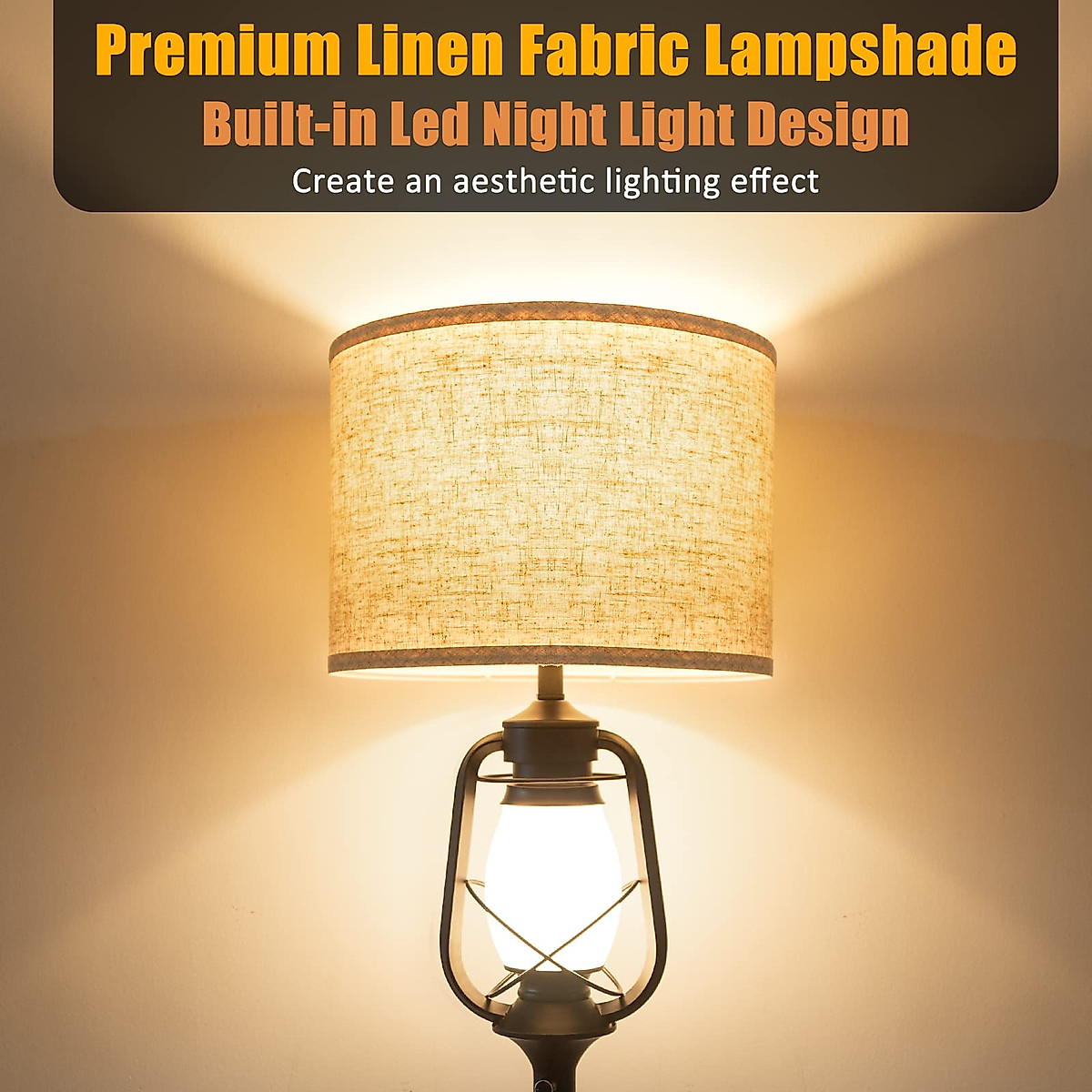 Rustic Farmhouse Floor Lamp with LED Night Light, 2-Light Tall Standing Lamp, Vintage Pole Light with Beige Linen Drum Shade，Industrial Black Stand Up Lamp for Bedroom, Living Room, Reading, Office