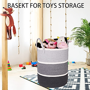 KINGSUSLAY Cotton Rope Laundry Hamper,70L Laundry Basket,Tall Woven Rope Basket for Blanket storage,Nursey Hamper for Toys,Pillows, Christmas Gifts,Clothes in Bedroom, Living Room(Grey White)