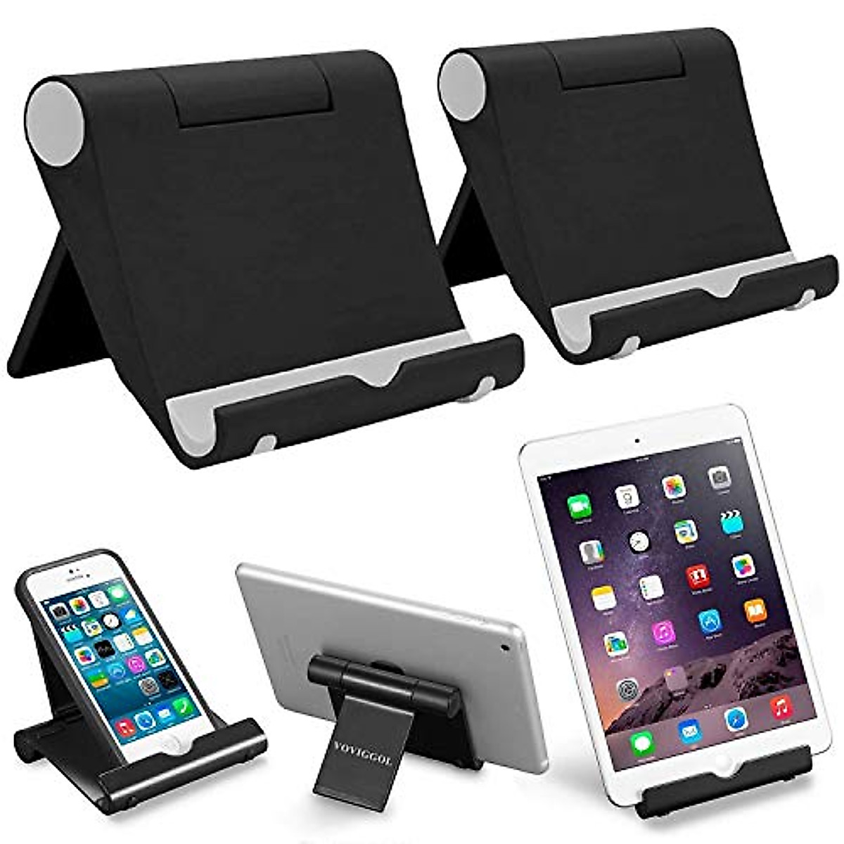 VOVIGGOL 2 Pack Cell Phone Stand for Desk, Foldable Cell Phone Holder Mobile Stand Phone Dock, Adjustable Tablet Stand Holder Compatible with iPhone 12 iPhone 11 Pro Xs X 8 iPad Samsung (Black)