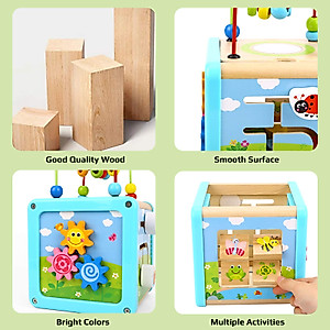 TOOKYLAND Activity Cube Wooden Toys Bead Maze Shape Sorter Learning Developmental Montessori Toys Small Size Gifts for Toddler Kids