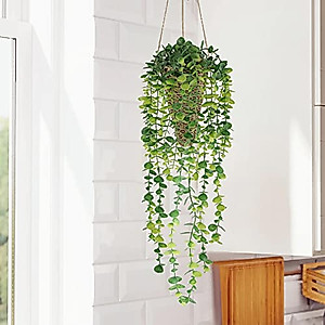 Nisoger Fake Hanging Plant with Woven Basket, 2 Pack Artificial Hanging Plants, Faux Vines Eucalyptus Leaf Hanging Pot Plant for Wall Home Room Indoor Outdoor Bedroom Bathroom Office Decor