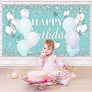 Teal Birthday Party Supplies Turquoise and Silver Birthday Backdrop Banners Turquoise Giltter Birthday Background for Women Girls Photography Birthday Photo Booth Teal Wall Decorations 5.9 x 3.6 Feet