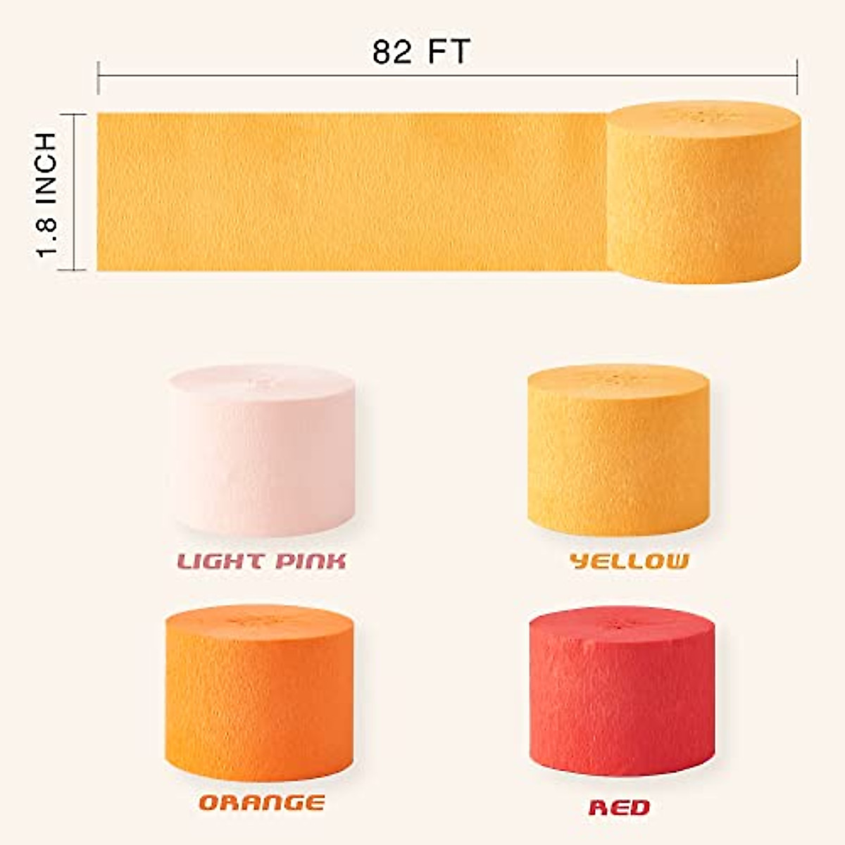 HDO Crepe Paper Streamers, 8 Rolls 656 Ft Party Streamers Kit, Pink Yellow Orange Red Streamer for Birthday Anniversary Baby Shower Bridal Shower Thanksgiving Party Decoration 1.8 Inch x 82 Ft/Roll
