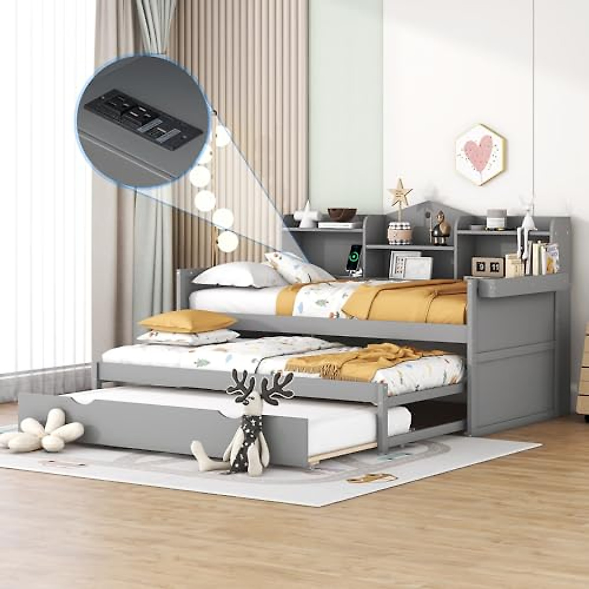 Bellemave Twin XL Daybed Captain Bed with 2 Twin Trundles and Storage Shelf Wooden Day Bed with USB Charging Ports for Kids, Boys and Girls No Box Spring Needed (Grey)