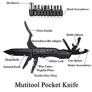 RoverTac Pocket Knife Tactical Folding Multi Tool Knife with Pliers Bottle & Can Opener 9-Pack Screwdrivers Liner Lock Nylon Sheath Perfect for Camping Survival Hiking