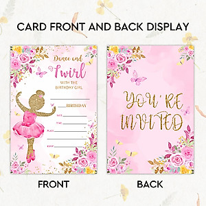 YUEXLL Dance and Twirl Birthday Party Invitations Cards with Envelopes, Gold Ballet Dance Party Invitations, Birthday Celebration Supplies, Double-sided Fill-in bday Invites for Boys Girls- A23
