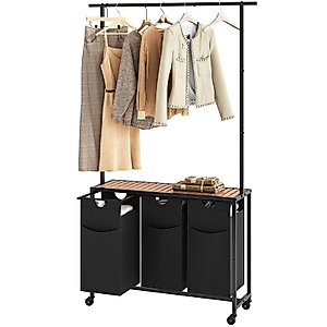 YATINEY Laundry Sorter, Laundry Hamper with Hanging Rack, Laundry Sorter 3 Section, Laundry Basket with Wheels, Hampers for Laundry, Laundry Basket Organizer for Laundry Room, Rustic Brown LS37BR