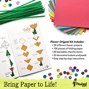 Kids Origami Paper Kit: Girls Multi Color Foldable Paper Sheets For Flowers With Decorative Charms & Accessories - Craft Supplies Set With Instruction Book - Beginner, Intermediate & Advanced