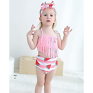 4T Toddler Girl Swimsuit Little Kids Triangle Bikini Tassel Halter Tankini Top 2pc Watermelon Bathing Suit 4T 5T Swimsuit for Girls Light Pink