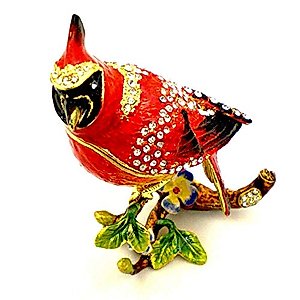Cardinal Bird on Branch Trinket Box, Clear Swarovski Crystal, Hand Painted Enamel Red & Black Over Pewter, L 2.50 x H 4.00 x W 2.25