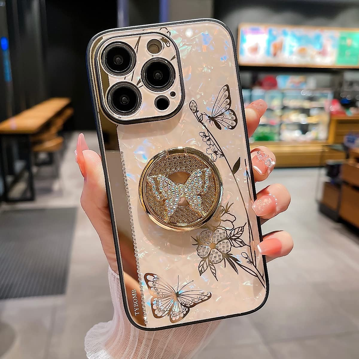 Topwin iPhone 13 Pro Max 6.7'' Kickstand Case - Bling Glitter Marble Pearl, Elegant Rhinestone Diamond (Rose Gold)