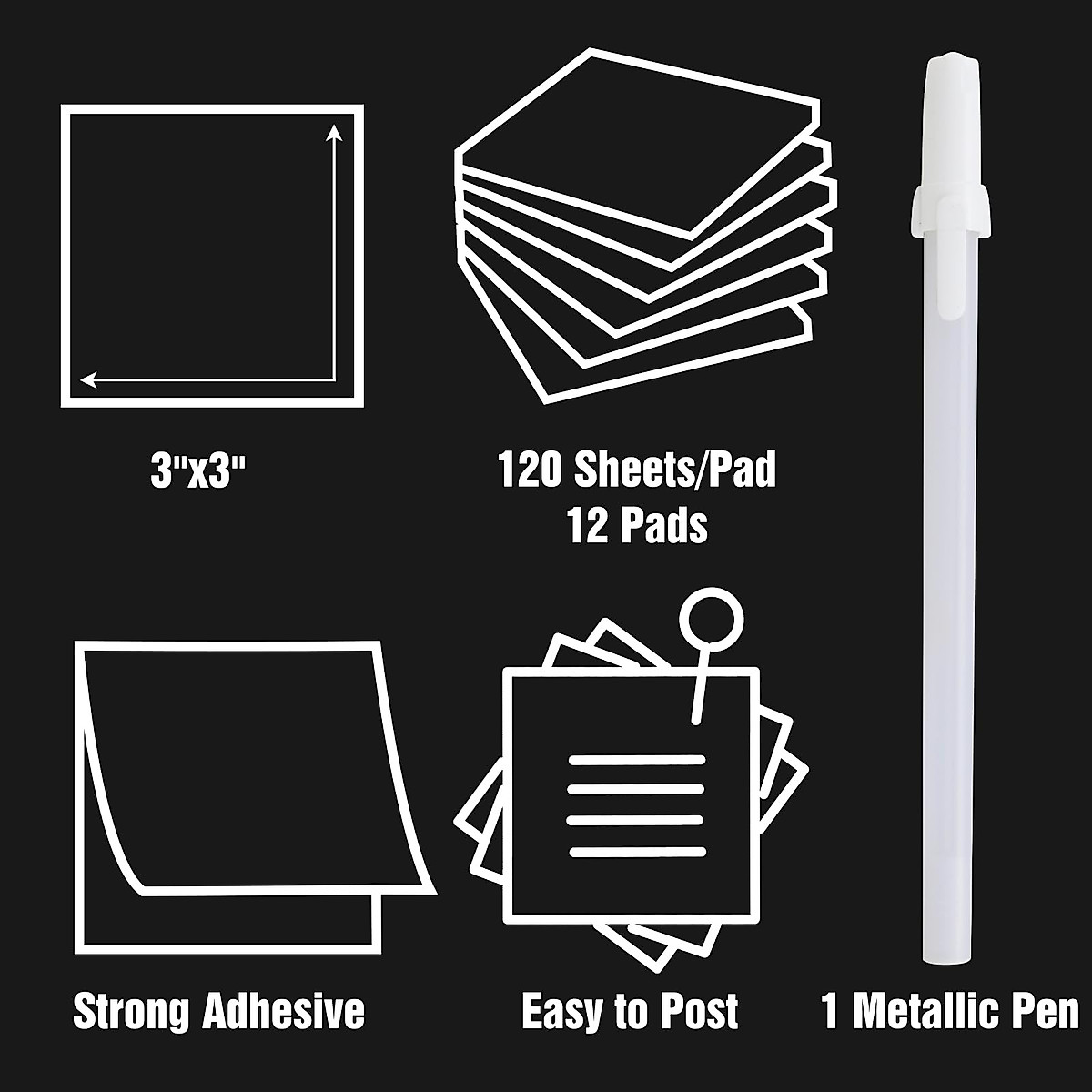 EOOUT Sticky Notes, 3x3 Inches, 6 Pads, Dark Color, Self-Stick Post for School Supplies, Strong Adhesive, Dark Color Sticky Pad with 1 Metallic Pen, 720 Sheets