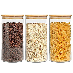 ComSaf Airtight Glass Storage Containers with Bamboo Lid (30oz Set of 3), Clear Food Storage Canisters with Lid, Kitchen Pantry Storage Jar for Flour Cereal Sugar Tea Coffee Beans Snacks, Round