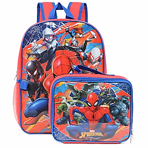 Ruz Spiderman Boys 16 Inch Backpack With Removable Matching Lunch Box Set (Red-Blue)