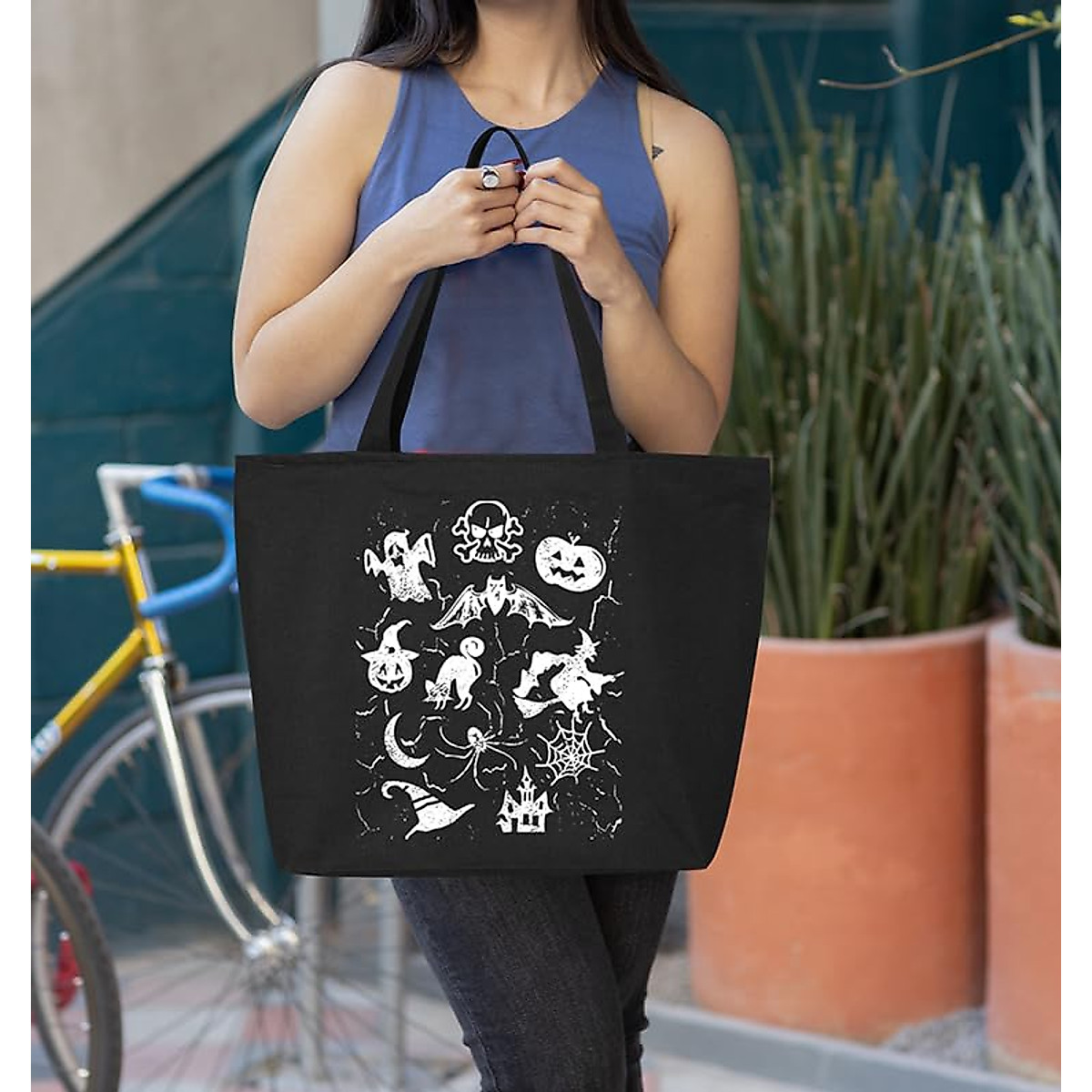 shop4ever Halloween Mash Witch Skull Pumpkin Cat Trick or Treat Heavy Canvas Tote with Zipper Reusable Shopping Bag Black ZIP 1