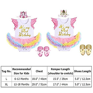 ODASDO Baby Girl First Birthday Outfit Rainbow Tulle Vest Tutu Princess Romper Dress Bodysuit Tiara Crown Headband Shoes 3pcs Cake Smash Set Photo Props Pink 6-12 Months