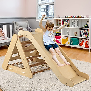 HONEY JOY 4-in-1 Triangle Climber with Ramp, 3-Side Kids Climbing Triangle Ladder with Net Rope & Bars, Wooden Montessori Climbing Toys for Toddlers Daycare, Gym & Playground, Gift for Boys Girls