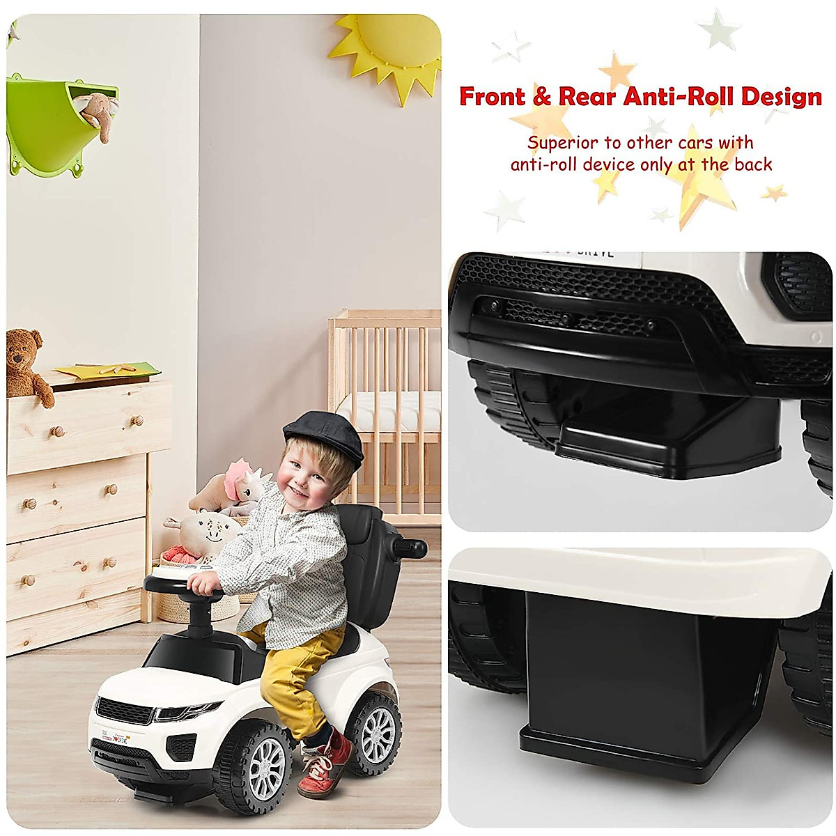 GLACER Push Cars for Toddlers 1-3, 3-in-1 Kids Sliding Car with Detachable Guardrail, Horn, Music, Lights, Storage Box and Anti-Roll Design, Ride on Push Car for Boys Girls(White)