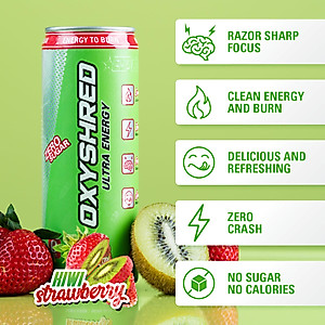 EHP Labs OxyShred Healthy Energy Drink - Zero Sugar Energy Drinks with Amino Acids, Green Tea Extract, Vitamin C & L Carnitine - Zero Carbs, Zero Calories, Clean Caffeine, Kiwi Strawberry (12-Pack)