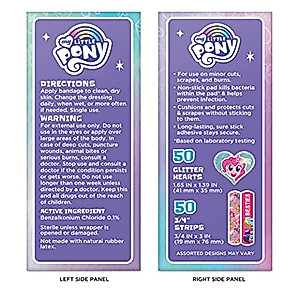 My Little Pony Kids Glitter Bandages, 100 ct Assorted Shapes & Sizes | Wear Like Stickers, Adhesive Bandages for Minor Cuts, Scrapes, Burns. Easter Basket Stuffers for Kids & Toddlers