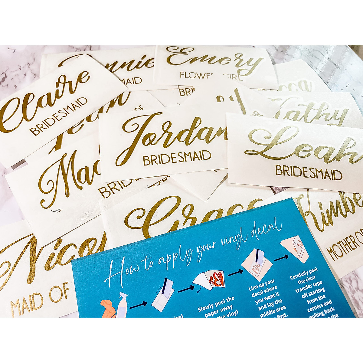 Decals Personalized with Name and Title Wedding Party Champagne Flute Customize Color for Wine Glasses Flask Cups Bridesmaid Gifts Water Bottles Metallic Gold Rose Options