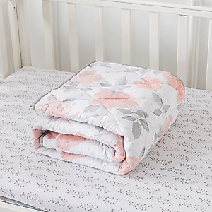 Soul & Lane 3-Piece Crib Bedding Set for Girls: Pink and Gray Quilt Blanket, Floral Fitted Crib Sheet, Changing Pad Cover, Floral Blush Pink and Grey Baby Girl Crib Bedding Set