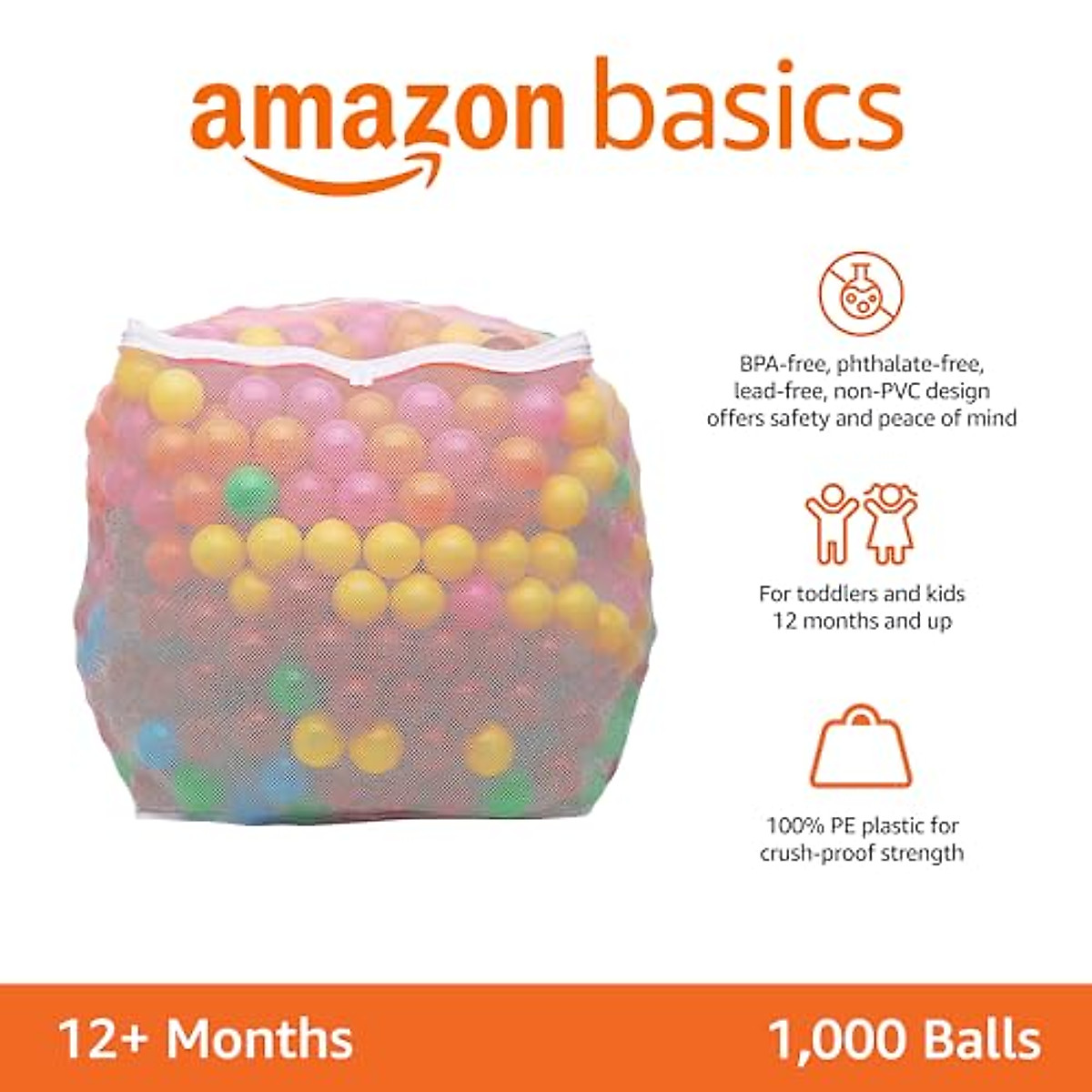 Amazon Basics BPA Free Crush-Proof Plastic Ball, Pit Balls with Storage Bag, for Toddlers Kids 12+ Months Play, Pack of 1000 Balls, 6 Bright Colors