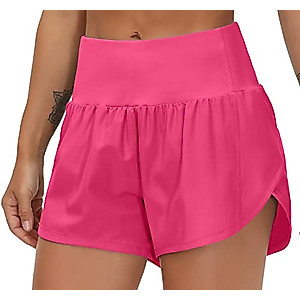 THE GYM PEOPLE Womens High Waisted Running Shorts Quick Dry Athletic Workout Shorts with Mesh Liner Zipper Pockets (Bright Pink, Small)