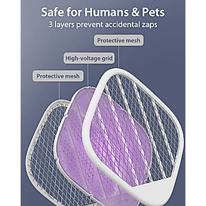 Electric Fly Swatter Foldable, Powerful 4000V Bug Zapper Racket, Mosquito Killer w/Purple Light, Rechargeable 1200mAh Insect Killer, 3-Layer Safe Design, Hanging Standing Portable for Indoor Outdoor