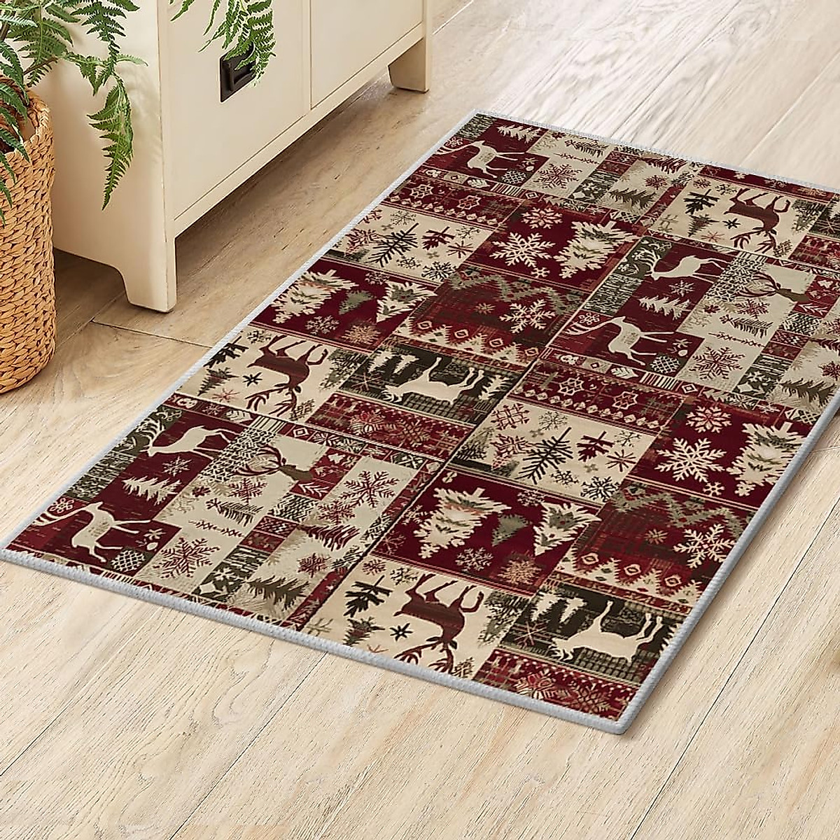 Artoid Mode Rustic Buffalo Deer Xmas Tree Snowflakes Christmas Area Rug, Winter Home Decor Low-Profile Non-Slip Washable Door Mat for Entryway Bedroom Living Room Laundry Room Indoor 2x3 Feet