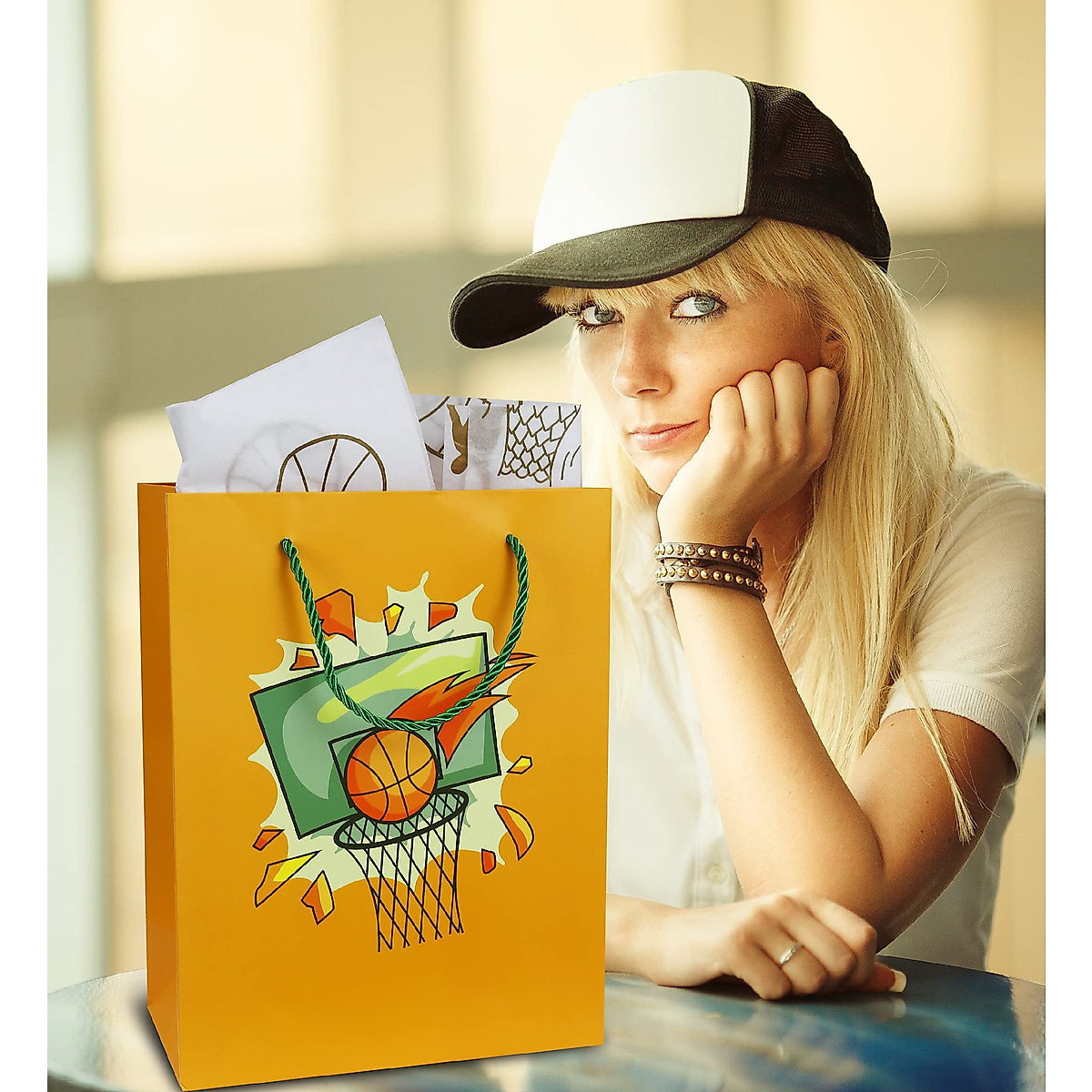 CoTa Global Basketball Gift Bag with Tissue Paper - Premium Large Gift Bag with String Handles, Reusable Orange Basketball Sport Gift Bag and Tissue Paper Set for Birthday and Occasions - 13 Inch